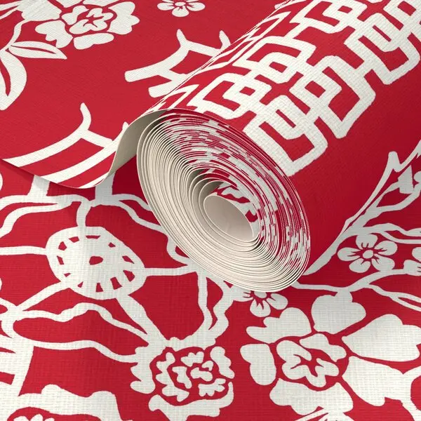 Spoonflower Chinese Paper Cutting New Year Pagoda Floral 100% Natural Sisal Grasscloth Wallcovering - Red,pink
