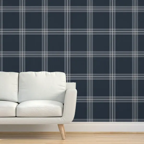 Spoonflower Windowpane Plaid Navy 100% Natural Sisal Grasscloth Wallcovering