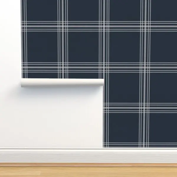 Spoonflower Windowpane Plaid Navy 100% Natural Sisal Grasscloth Wallcovering