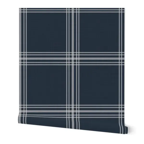 Spoonflower Windowpane Plaid Navy 100% Natural Sisal Grasscloth Wallcovering