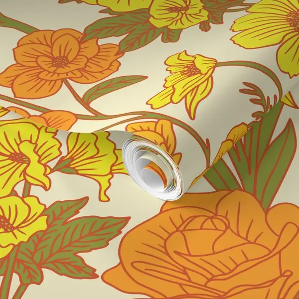 Spoonflower Retro Floral Yellow Orange Green 1970s Flowers Custom Pre-pasted Wallpaper - Yellow,orange