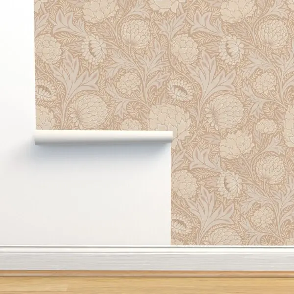 Spoonflower Countryside Garden Ivory 100% Natural Sisal Grasscloth Wallcovering - Pink,brown,beige