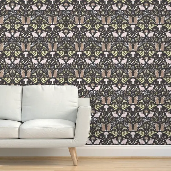 Spoonflower Damask Modern Art Nouveau Nature Forest Custom Pre-pasted Wallpaper - Brown