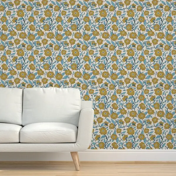 Spoonflower Coraline Gold 100% Natural Sisal Grasscloth Wallcovering - Gray,green,blue