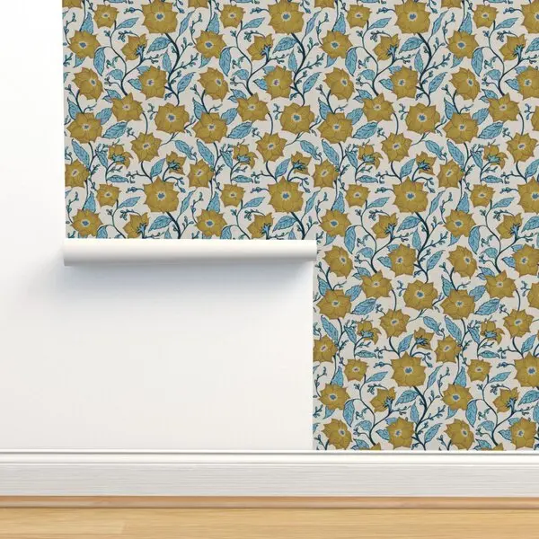 Spoonflower Coraline Gold 100% Natural Sisal Grasscloth Wallcovering - Gray,green,blue