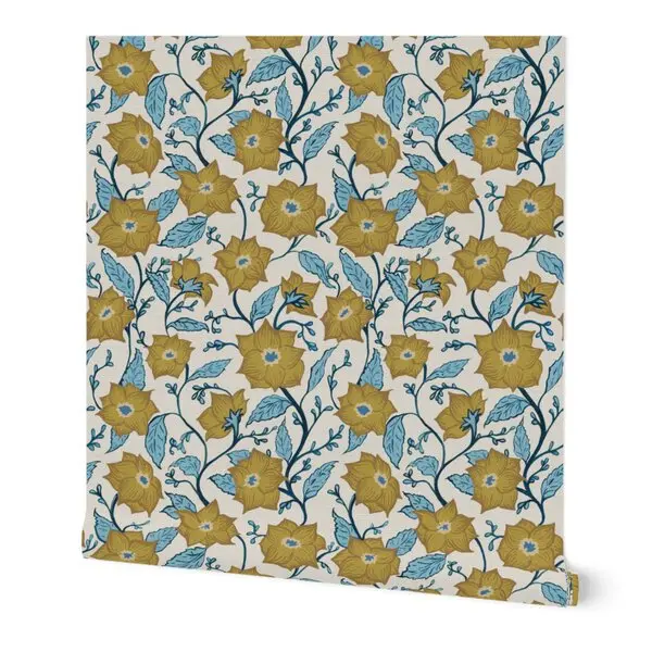Spoonflower Coraline Gold 100% Natural Sisal Grasscloth Wallcovering - Gray,green,blue