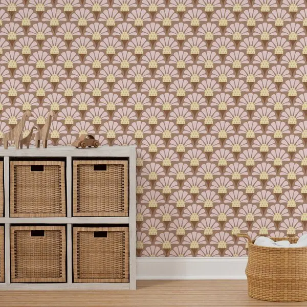 Spoonflower Retro Floral Pink Yellow Coneflower Medium Custom Pre-pasted Wallpaper