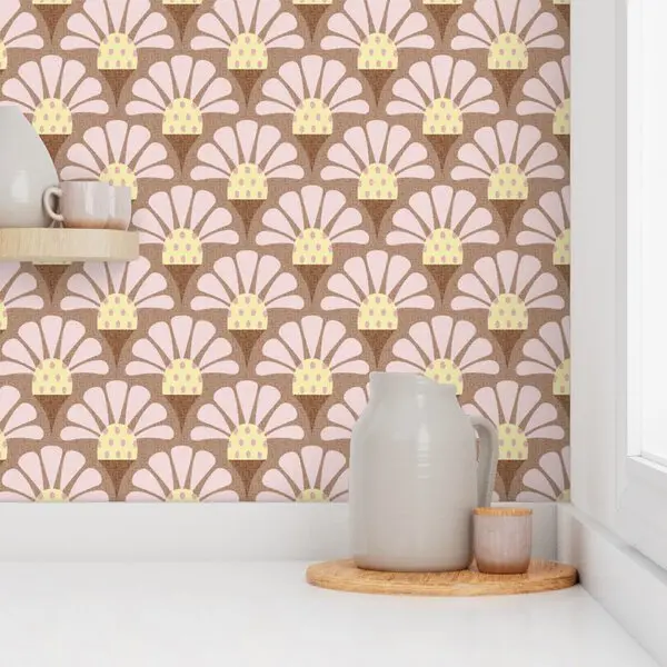 Spoonflower Retro Floral Pink Yellow Coneflower Medium Custom Pre-pasted Wallpaper