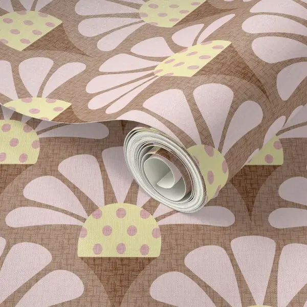 Spoonflower Retro Floral Pink Yellow Coneflower Medium Custom Pre-pasted Wallpaper - Brown