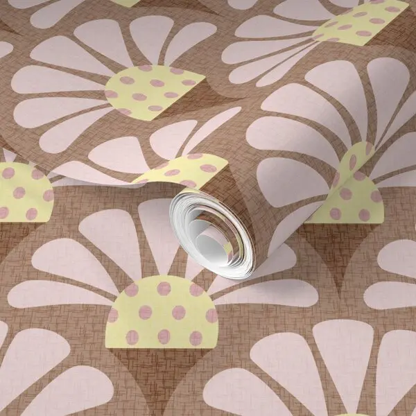 Spoonflower Retro Floral Pink Yellow Coneflower Medium Custom Pre-pasted Wallpaper - Brown