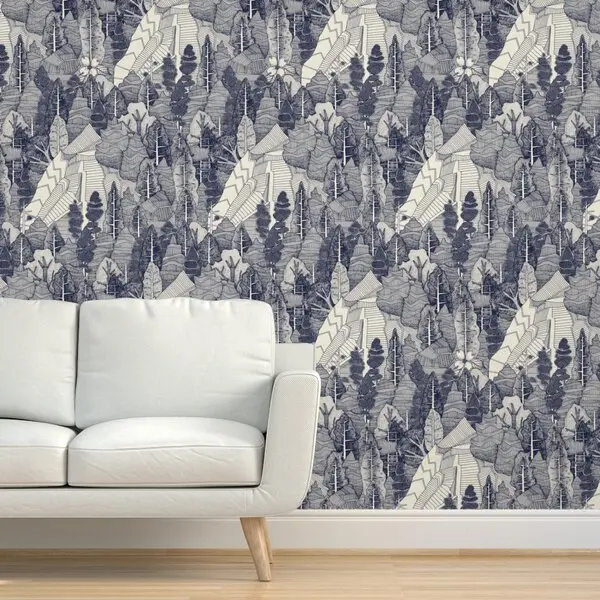 Spoonflower Trees Nc Blue Large 100% Natural Sisal Grasscloth Wallcovering - Blue,white