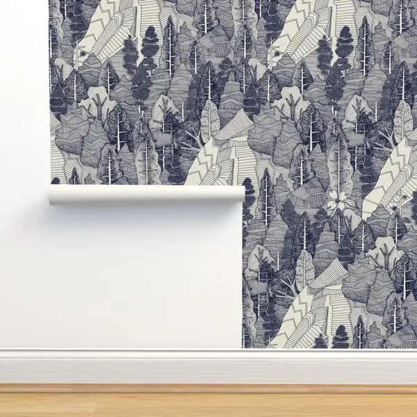Spoonflower Trees Nc Blue Large 100% Natural Sisal Grasscloth Wallcovering - Blue,white