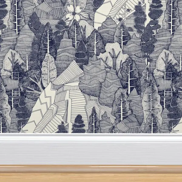 Spoonflower Trees Nc Blue Large 100% Natural Sisal Grasscloth Wallcovering - Blue,white