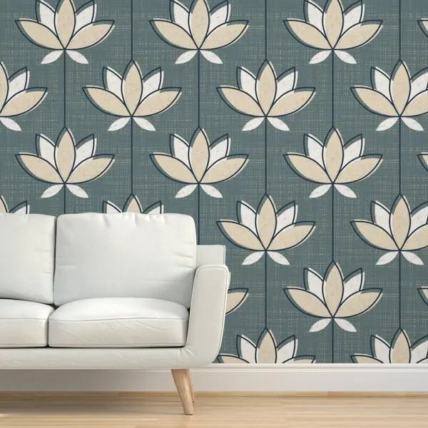 Spoonflower Mid Mod Lotus Garden Medium Slate 100% Natural Sisal Grasscloth Wallcovering