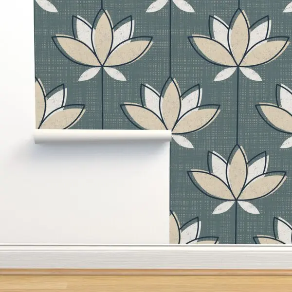 Spoonflower Mid Mod Lotus Garden Medium Slate 100% Natural Sisal Grasscloth Wallcovering