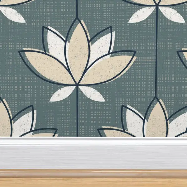 Spoonflower Mid Mod Lotus Garden Medium Slate 100% Natural Sisal Grasscloth Wallcovering