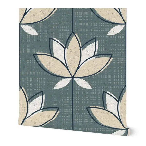 Spoonflower Mid Mod Lotus Garden Medium Slate 100% Natural Sisal Grasscloth Wallcovering