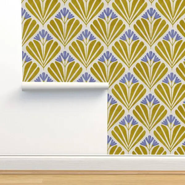Spoonflower Corinne Blue And Yellow 100% Natural Sisal Grasscloth Wallcovering - Yellow,gray,blue