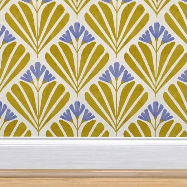 Spoonflower Corinne Blue And Yellow 100% Natural Sisal Grasscloth Wallcovering - Yellow,gray,blue