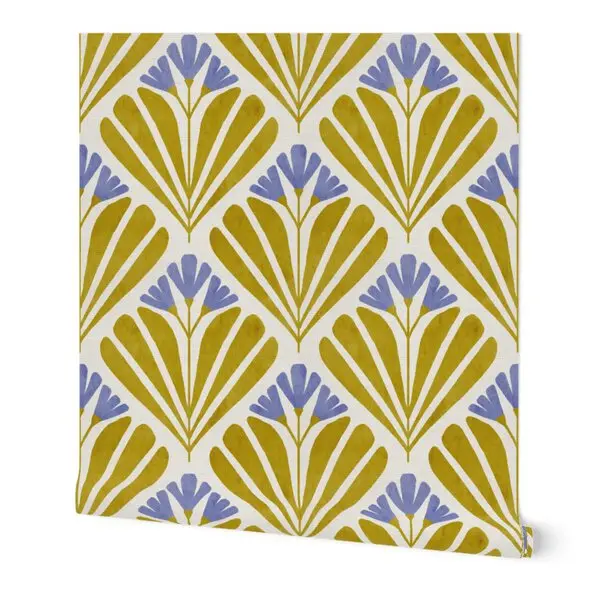 Spoonflower Corinne Blue And Yellow 100% Natural Sisal Grasscloth Wallcovering - Yellow,gray,blue