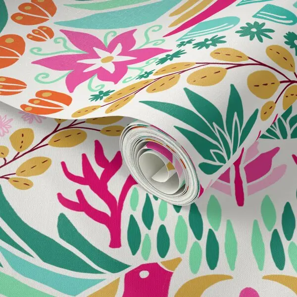 Spoonflower Colorful Birds Pink Boho Botanical Floral Custom Pre-pasted Wallpaper - Green