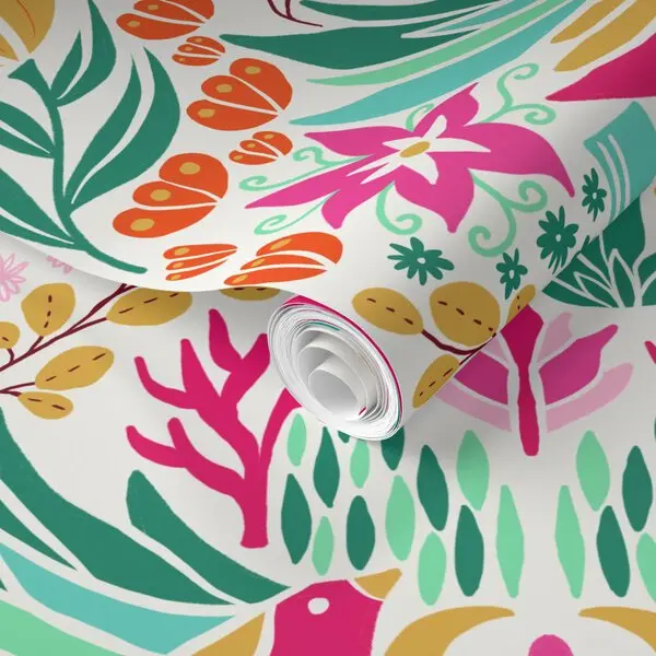 Spoonflower Colorful Birds Pink Boho Botanical Floral Custom Pre-pasted Wallpaper - Green