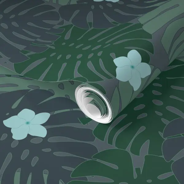 Spoonflower Green Beach Tropical Hawaii Moody Rainforest Cool Custom Pre-pasted Wallpaper - Green,blue,gray