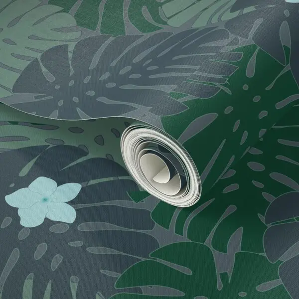 Spoonflower Green Beach Tropical Hawaii Moody Rainforest Cool Custom Pre-pasted Wallpaper - Green,blue,gray