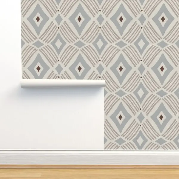 Spoonflower Textured Geometric Beige Taupe Blue Grey 100% Natural Sisal Grasscloth Wallcovering - Blue,white,gray