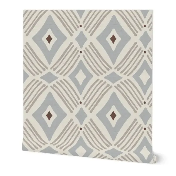 Spoonflower Textured Geometric Beige Taupe Blue Grey 100% Natural Sisal Grasscloth Wallcovering - Blue,white,gray