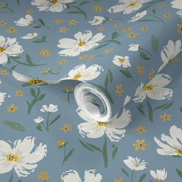 Spoonflower Blue Botanical Hand Painted Flower Summer Custom Pre-pasted Wallpaper