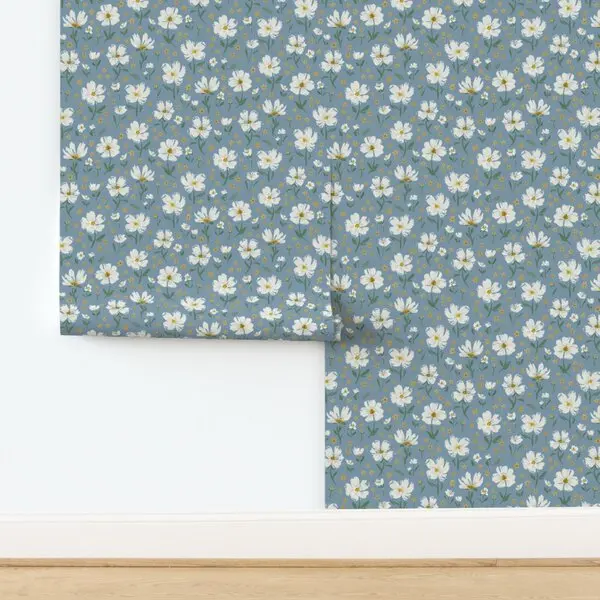 Spoonflower Blue Botanical Hand Painted Flower Summer Custom Pre-pasted Wallpaper