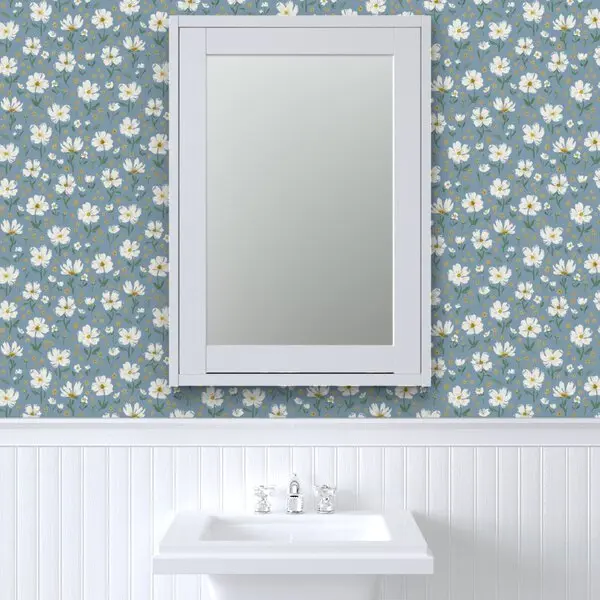 Spoonflower Blue Botanical Hand Painted Flower Summer Custom Pre-pasted Wallpaper