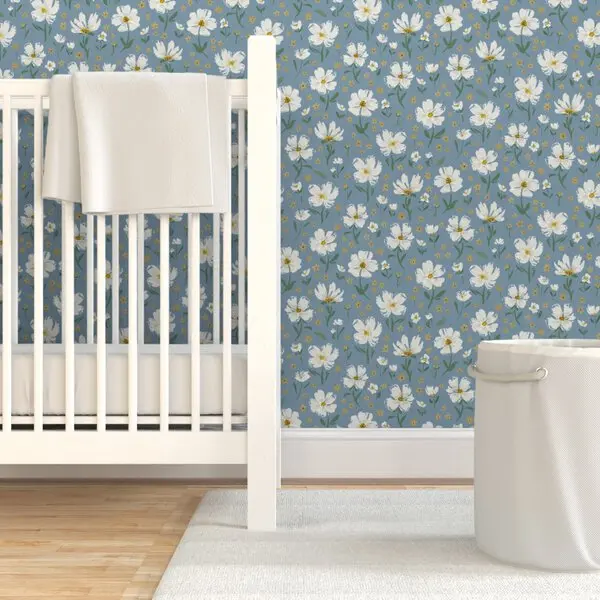 Spoonflower Blue Botanical Hand Painted Flower Summer Custom Pre-pasted Wallpaper