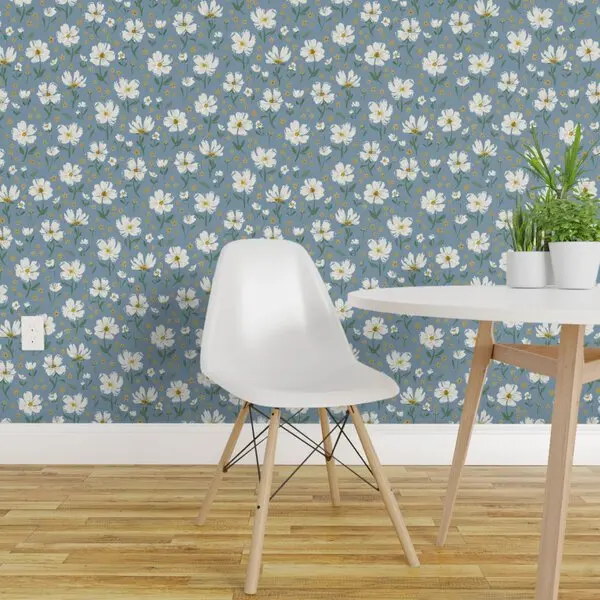 Spoonflower Blue Botanical Hand Painted Flower Summer Custom Pre-pasted Wallpaper