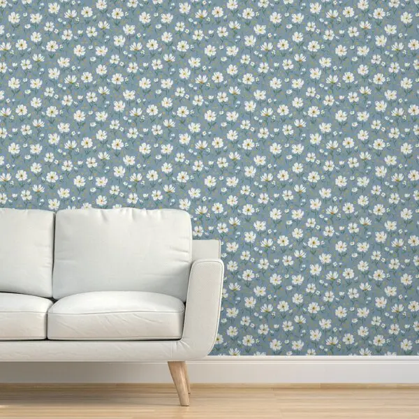 Spoonflower Blue Botanical Hand Painted Flower Summer Custom Pre-pasted Wallpaper