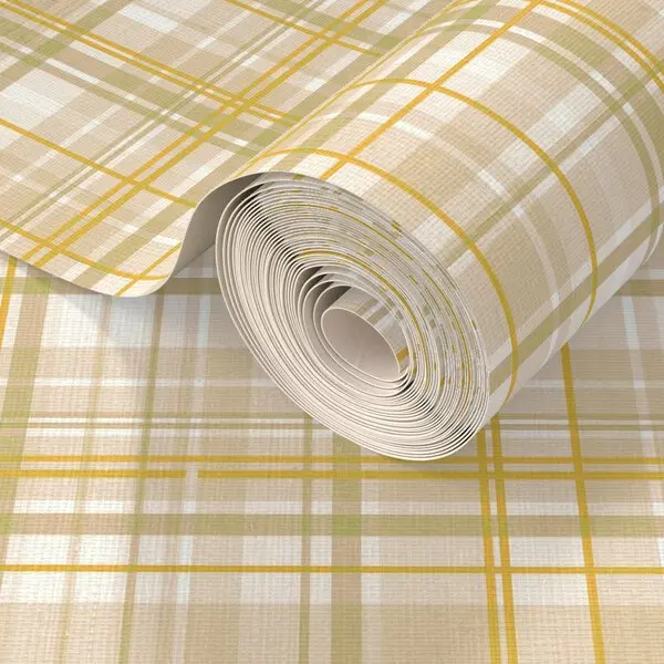Spoonflower Hint Of Spring Plaid 100% Natural Sisal Grasscloth Wallcovering - Beige,yellow,gray