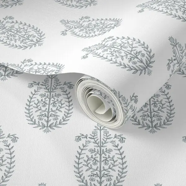 Spoonflower Floral Paisley Tulip Traditional Turtle Custom Pre-pasted Wallpaper - Blue