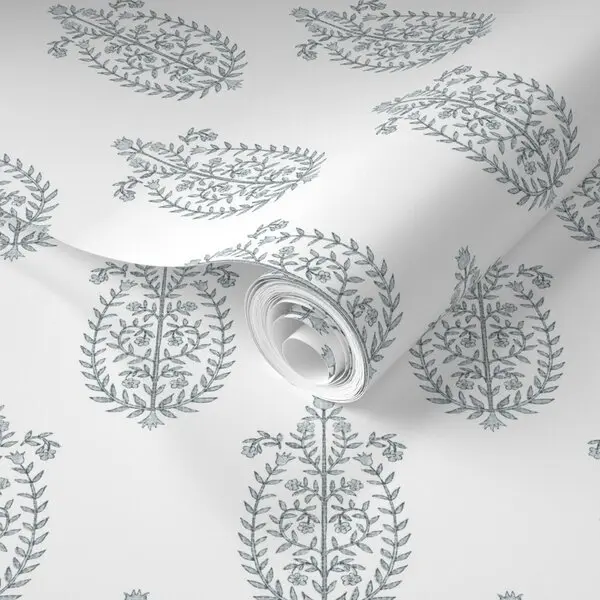 Spoonflower Floral Paisley Tulip Traditional Turtle Custom Pre-pasted Wallpaper - Blue