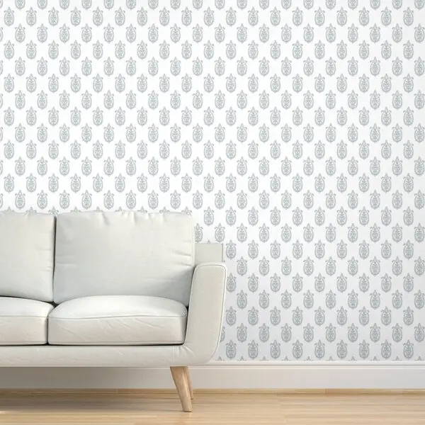 Spoonflower Floral Paisley Tulip Traditional Turtle Custom Pre-pasted Wallpaper - Blue