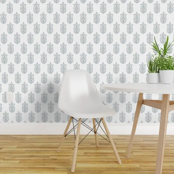 Spoonflower Floral Paisley Tulip Traditional Turtle Custom Pre-pasted Wallpaper - Blue