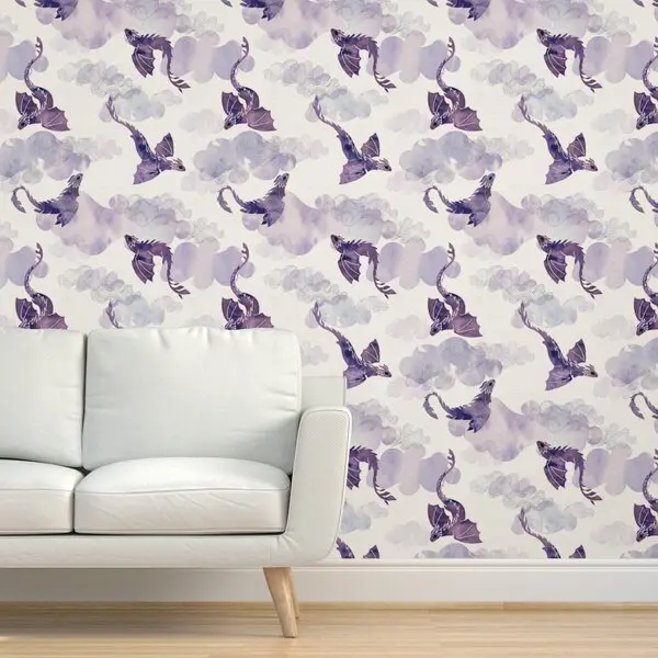 Spoonflower Dragons Clouds Purple 100% Natural Sisal Grasscloth Wallcovering