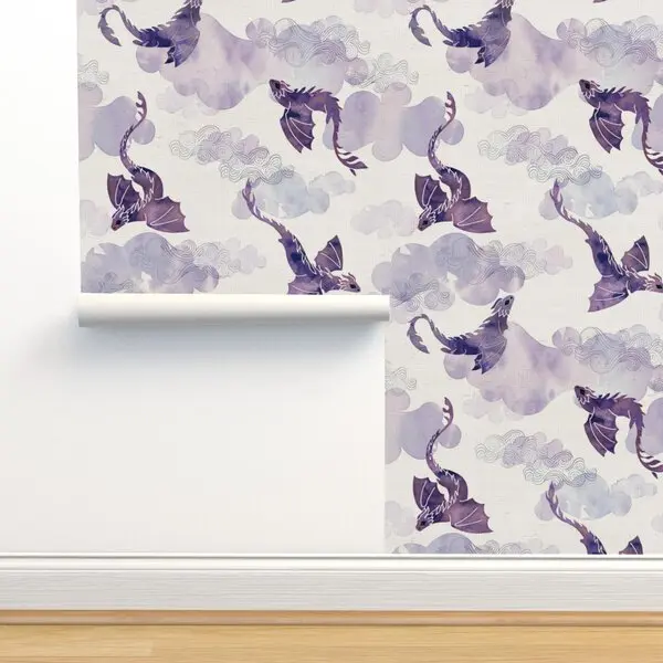 Spoonflower Dragons Clouds Purple 100% Natural Sisal Grasscloth Wallcovering