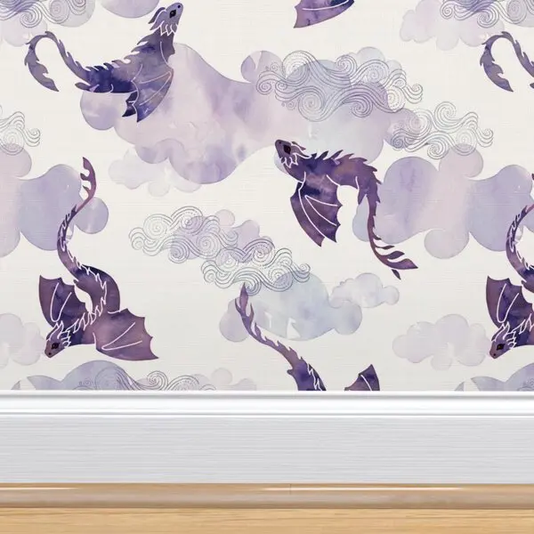 Spoonflower Dragons Clouds Purple 100% Natural Sisal Grasscloth Wallcovering