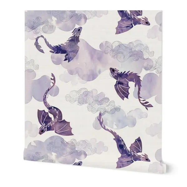 Spoonflower Dragons Clouds Purple 100% Natural Sisal Grasscloth Wallcovering
