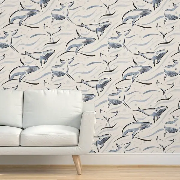 Spoonflower Humpback Whales Watercolor Blue Ocean 100% Natural Sisal Grasscloth Wallcovering - White,gray,blue