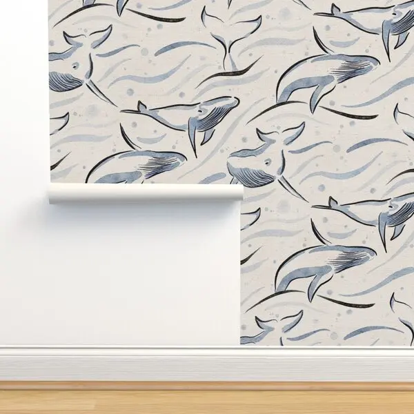 Spoonflower Humpback Whales Watercolor Blue Ocean 100% Natural Sisal Grasscloth Wallcovering - White,gray,blue