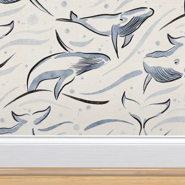 Spoonflower Humpback Whales Watercolor Blue Ocean 100% Natural Sisal Grasscloth Wallcovering - White,gray,blue