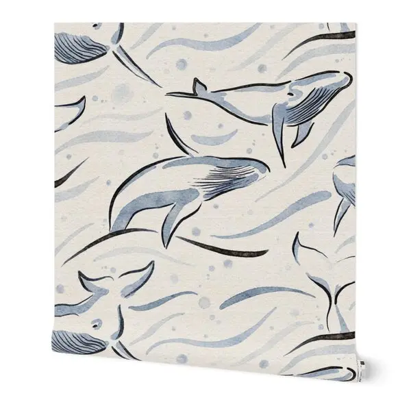 Spoonflower Humpback Whales Watercolor Blue Ocean 100% Natural Sisal Grasscloth Wallcovering - White,gray,blue