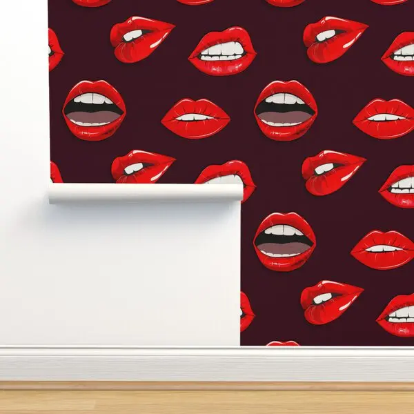 Spoonflower Love Lips Dark Pattern 100% Natural Sisal Grasscloth Wallcovering